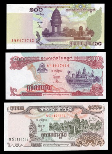 CAMBODIA 1998 1999 2001 Paper money Banknotes 100 500 1000 Riels KHR ...
