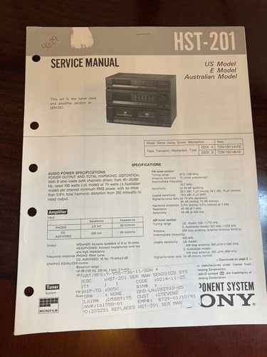 SONY HST-201 HST201 Service Manual FROM THE USA **ORIGINAL** 4629 6939 ...