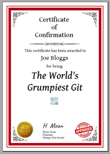 Personalised World's Grumpiest Git Certificate Award Rude Novelty Gift ...