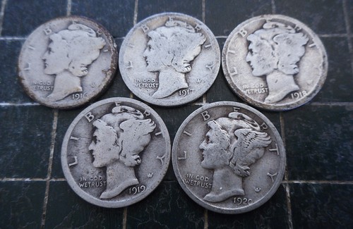 Lot of 5 Mercury Dimes Dated 1916, 1917, 1918, 1919, 1920 . Old 90% ...