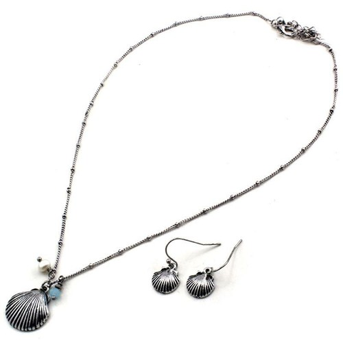 Sealife Theme Sea Shell Burnish Necklace And Earring Set Pearl And Blue ...