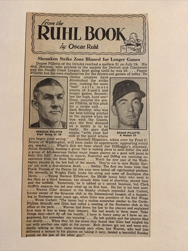 Herman & Duane Pillette Tigers Orioles 1954 Sporting News Baseball 4X8 ...