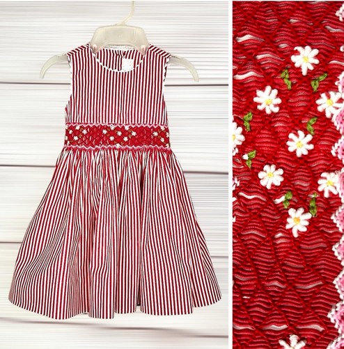 Creation Imaho Smocked Dress Red White Striped Cotton Summer Sleeveless ...