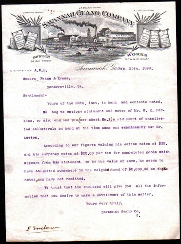 Savannah Guano Co - 1896 Georgia - SPECTACULAR - History Rare Letter ...