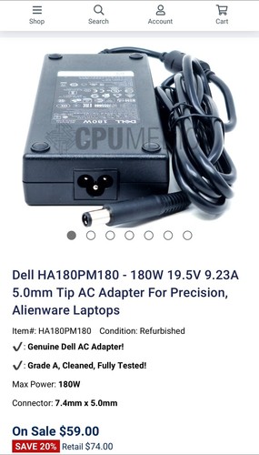 OEM DELL HA180PM180 19.5V 9.23A 180W AC Power Adapter Charger Free 2day ...