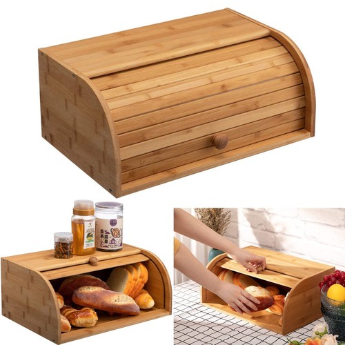 Bamboo Bread Box Large Natural Roll Top Wood Countertop Cake Storage ...