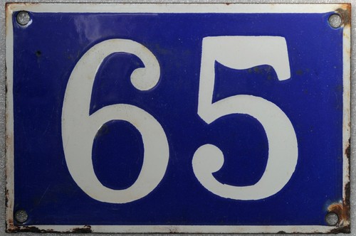 Old blue French house number 65 door gate plate plaque enamel steel ...