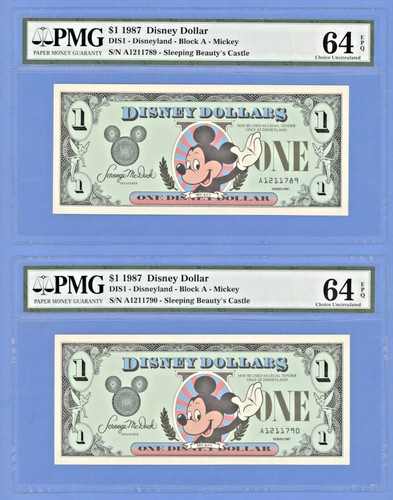 DISNEY DOLLARS SERIES 1987 (2 Qty) PMG 64 EPQ UNC - CONSECUTIVE SERIAL ...