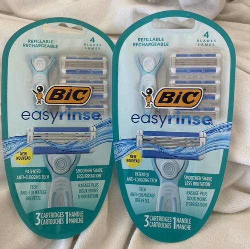 x2 Women Bic Easy Rinse Anti-Clog 4 Blade Razors 1 Handle 3 Refills ...
