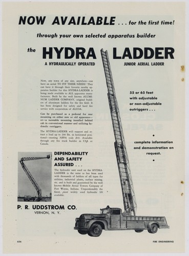 1958 P.R. Uddstrom Co. Ad: Hydra Ladder Junior Aerial Ladder - Vernon ...