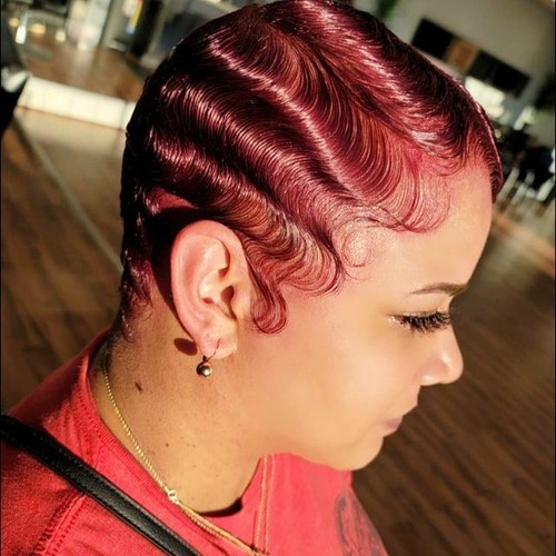 Burgundy Red Finger Wave Remy Human Hair Wigs Short Wave Pixie Wigs ...