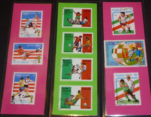 3 BOOKMARKS~SOCCER~POSTAGE STAMPS~Laminated~FOOTBALL CAMBODGE GUINE ...