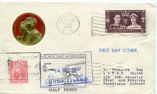 1937 CORONATION GREAT BRITAIN FDC +LUNDY IS. STAMPS x2 NEWPORT SLOGAN ...