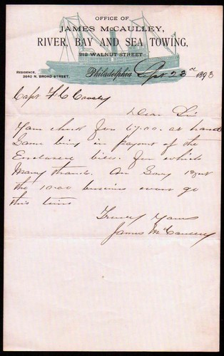James McCaulley - River Bay & Sea Towing - 1893 Philadelphia - Letter ...