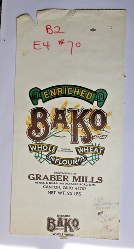 X LARGE Vintage Paper Sack Bag - BAKO FLOUR, GRABER MILLS, CANTON OHIO ...