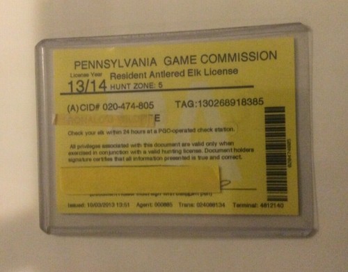 2013 2014 PA Game Commission Elk Hunting License- Zone 5 Benezette | eBay