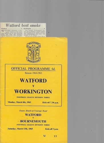 PROGRAMME & NEWSPAPER MATCH REPORT - WATFORD v WORKINGTON - 1964/65 ...