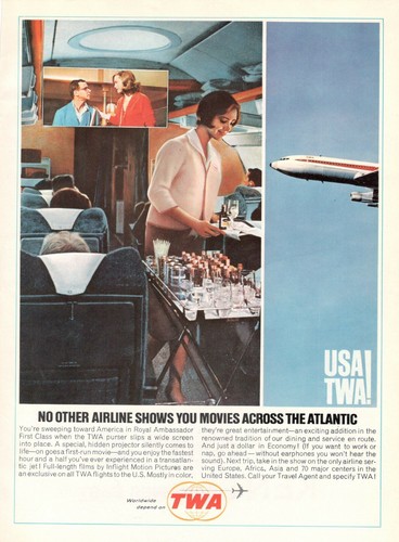 TWA TRANS WORLD AIRLINES 1965 Advertisement 1 Page Shows You Movies Acr ...