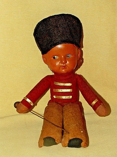 CELLULOID DOLL SOLDIER BOY UNIFORM RED YELLOW HAT STAFF VINTAGE 10 INCH ...