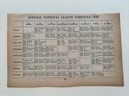 Official National League NL Baseball Season Schedule 1930 Baseball 4X6 ...