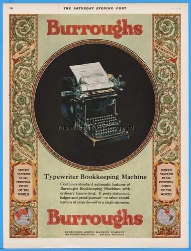 1929 Burroughs Adding Machine Co Typewriter Bookkeeping Machine Print ...