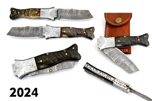 handmade damascus steel hunting knives folding with baflow horn handle ...