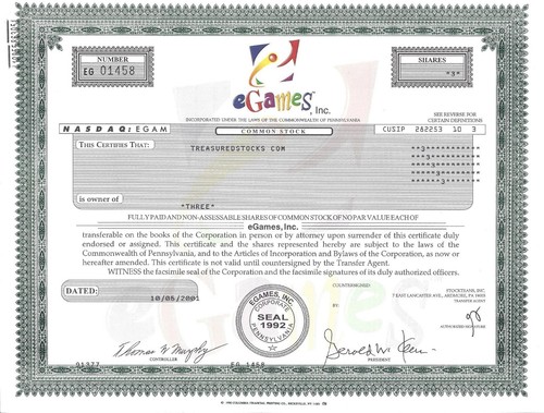 EGAMES INC.........2001 COMMON STOCK CERTIFICATE | eBay