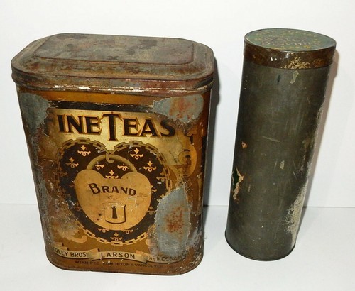 Antique Tin Lot Large Foley Bros Larson Tea Canada & Peek Frean Water ...