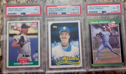 1989 Topps Traded Tiffany Randy Johnson RC PSA 8 +Score PSA 9 + Donruss ...