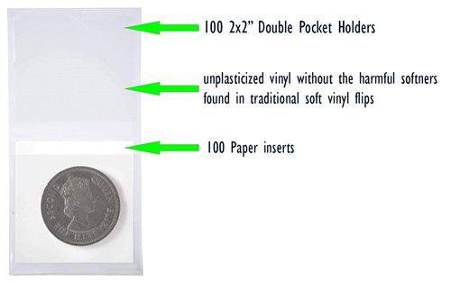 2x2 UN Unplasticized Vinyl Flips + Inserts Double 2 Pockets Clear Coin ...