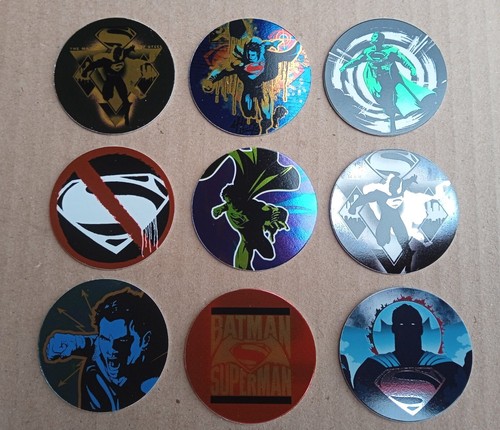 BATMAN vs SUPERMAN Tazos Pog Sabritas 2016 Mexico Set of 9 NINE pogs ...