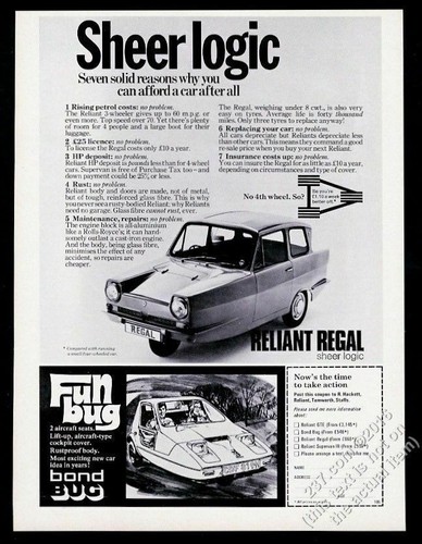 1970 Reliant Bond Bug & Regal car photo vintage print ad | eBay