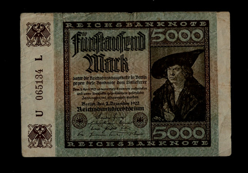 GERMANY ( 1 ) BANK NOTE 5000 REICHSBANK 2 . 12 . 1922 AVF WITH $100 TO ...