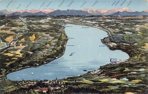 A066 Germany 1920 Starnberger See Lake Map Mountain Peaks touristic ...