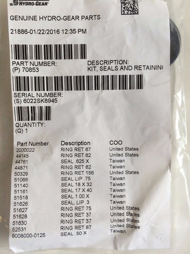 New OEM Genuine Hydro Gear 70853 Seal and Retaining Ring Kit for lawn ...