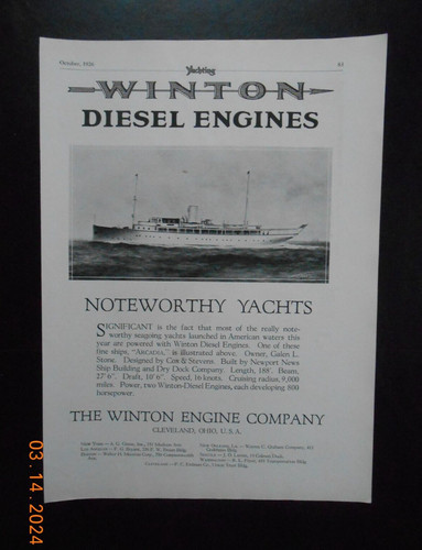 1926 The Winton Engine Company Cleveland OH Diesel Yacht AD Oberdorfer ...