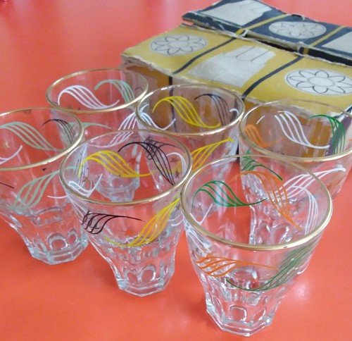6 Vintage 50s Retro Atomic Shot Glasses Original Box Claymer Golden ...