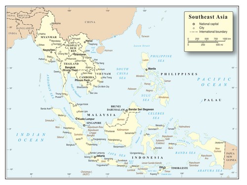Southeast Asia Political Physical Seas Ocean Region Map Poster Print ...