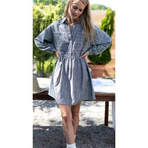 Emerson Fry Selma Long Sleeve Black gray Stripe Hemp Organic collar ...