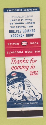 Matchbook Cover - Esso oil gas John Hancock Mount Union PA | eBay