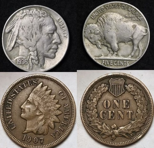 Pair of Native American Coins Buffalo Nickel + Indian Cent in VF XF 2 ...