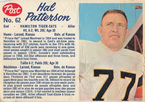 1962 POST CEREAL CFL FOOTBALL HAL PATTERSON #62 HAMILTON TIGERCATS HOF ...