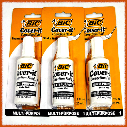 3-BIC WHITE OUT Cover-It Multi Purpose Pen & Ink Correction Fluid .7 fl ...
