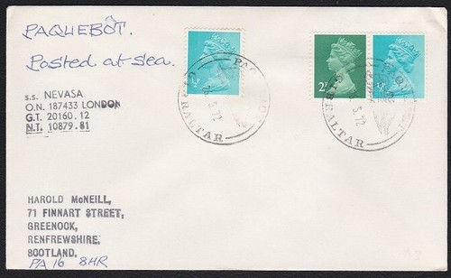 GB GIBRALTAR 1972 SS Nevasa Paquebot ship cover ...
