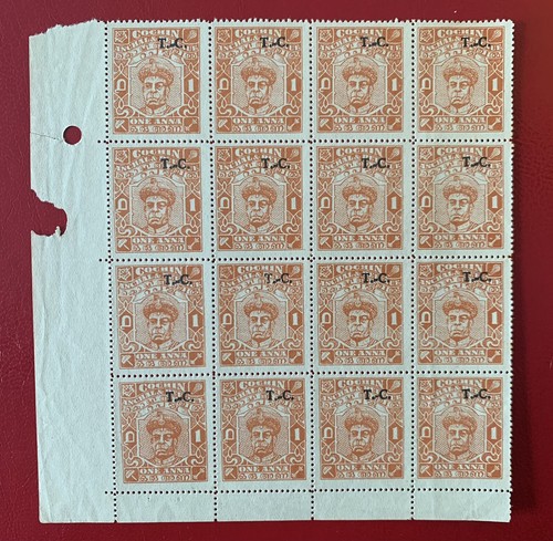 INDIA TRAVANCORE COCHIN Block 16 x 1a Orange SG9 Mint no gum as issued ...