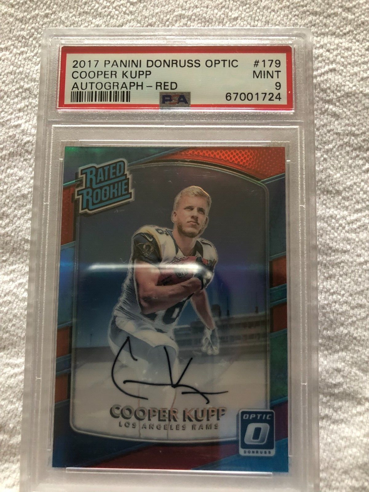 Cooper Kupp 2017 Optic #179 Rated Rookie Autographs - Red /50 PSA 9 ...