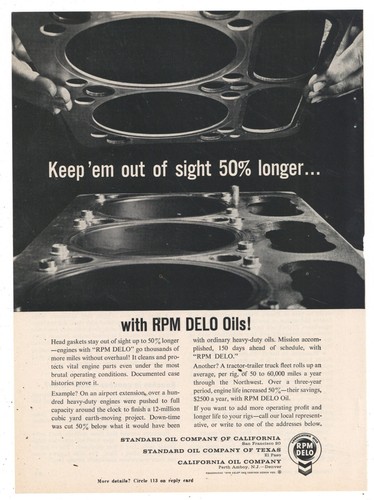 1962 RPM DELO Diesel Motor Oil Ad: Standard Oil of California & Texas ...
