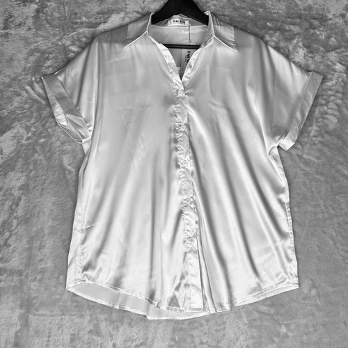 NWT White Satin Button Down Short Sleeve Shirt Blouse Top, Minimalist Chic | eBay