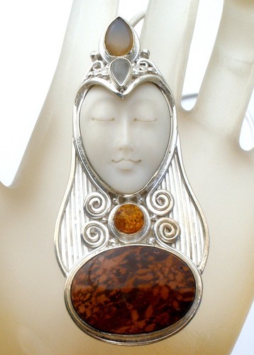 Sajen Carved Face Pendant Brooch Necklace Multi Gemstone Goddess ...