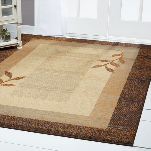 BROWN BEIGE STRIPED BORDERED CASUAL AREA RUG MODERN GEOMETRIC LEAF ...